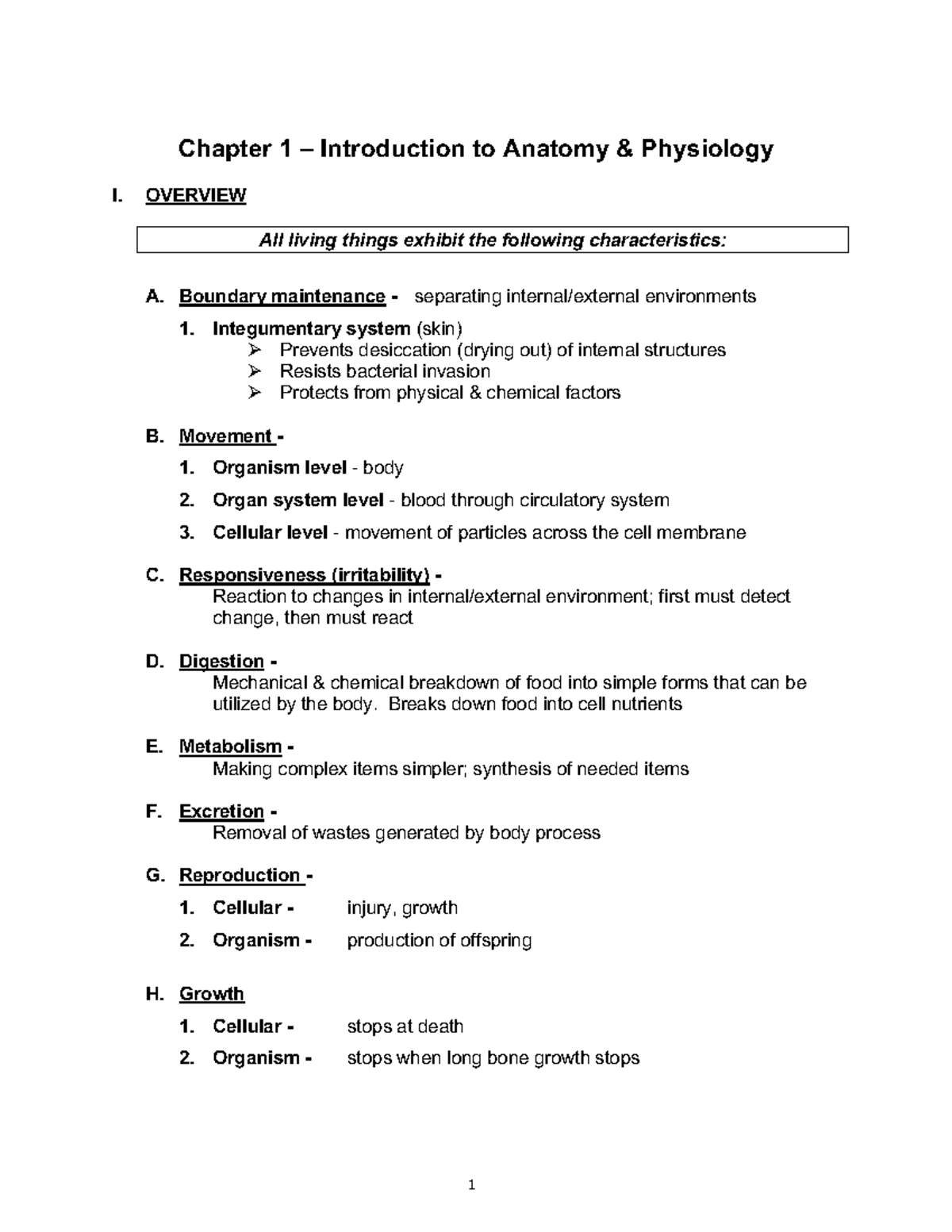 CHAP1 - Chapter 1 – Introduction to Anatomy & Physiology I. OVERVIEW ...