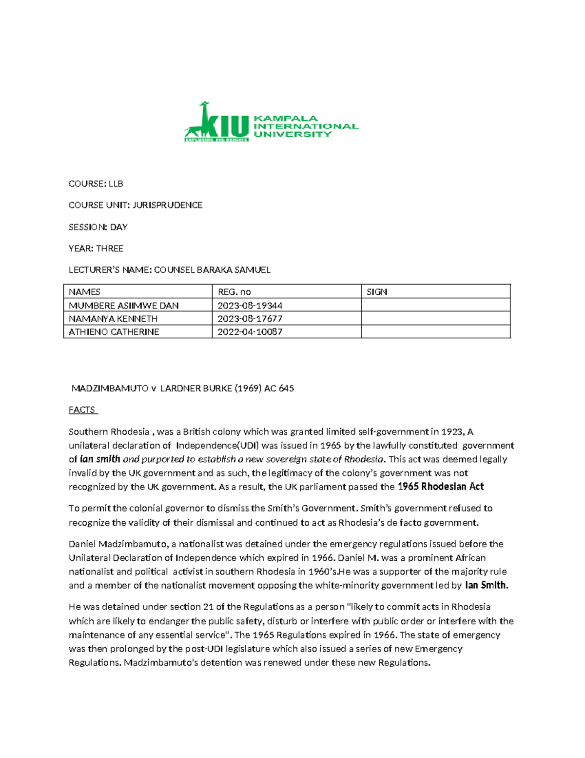 LLB Jurisprudence Case Study: Madzimbamuto v Lardner Burke - Studocu