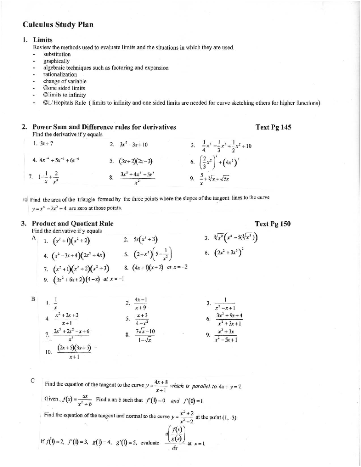 Calculus Study Plan 1: Limits, Derivatives, and Applications - Studocu