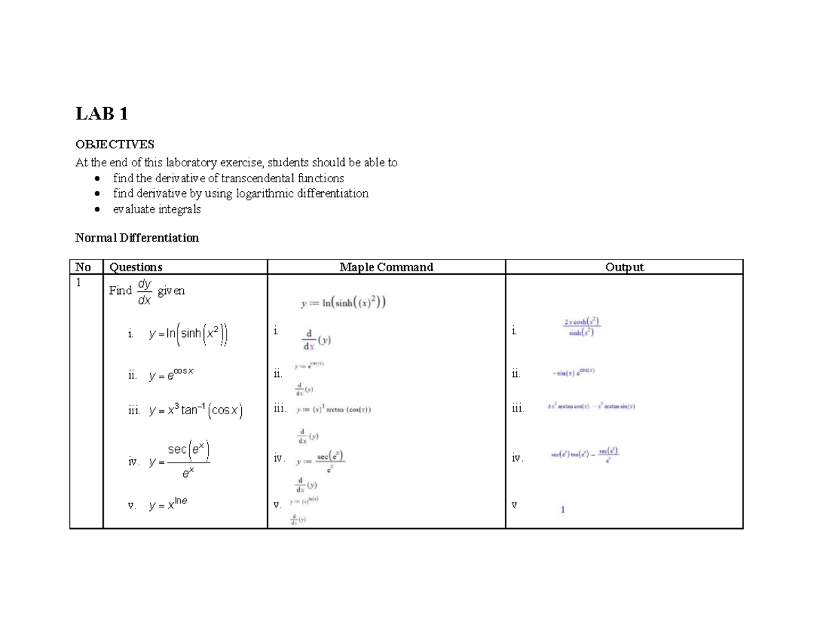 MAT441 Lab 1: Derivatives of Transcendental Functions & Logarithmic ...