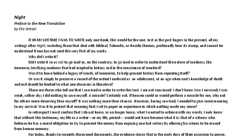 Night: Preface to the New Translation by Elie Wiesel - Studocu