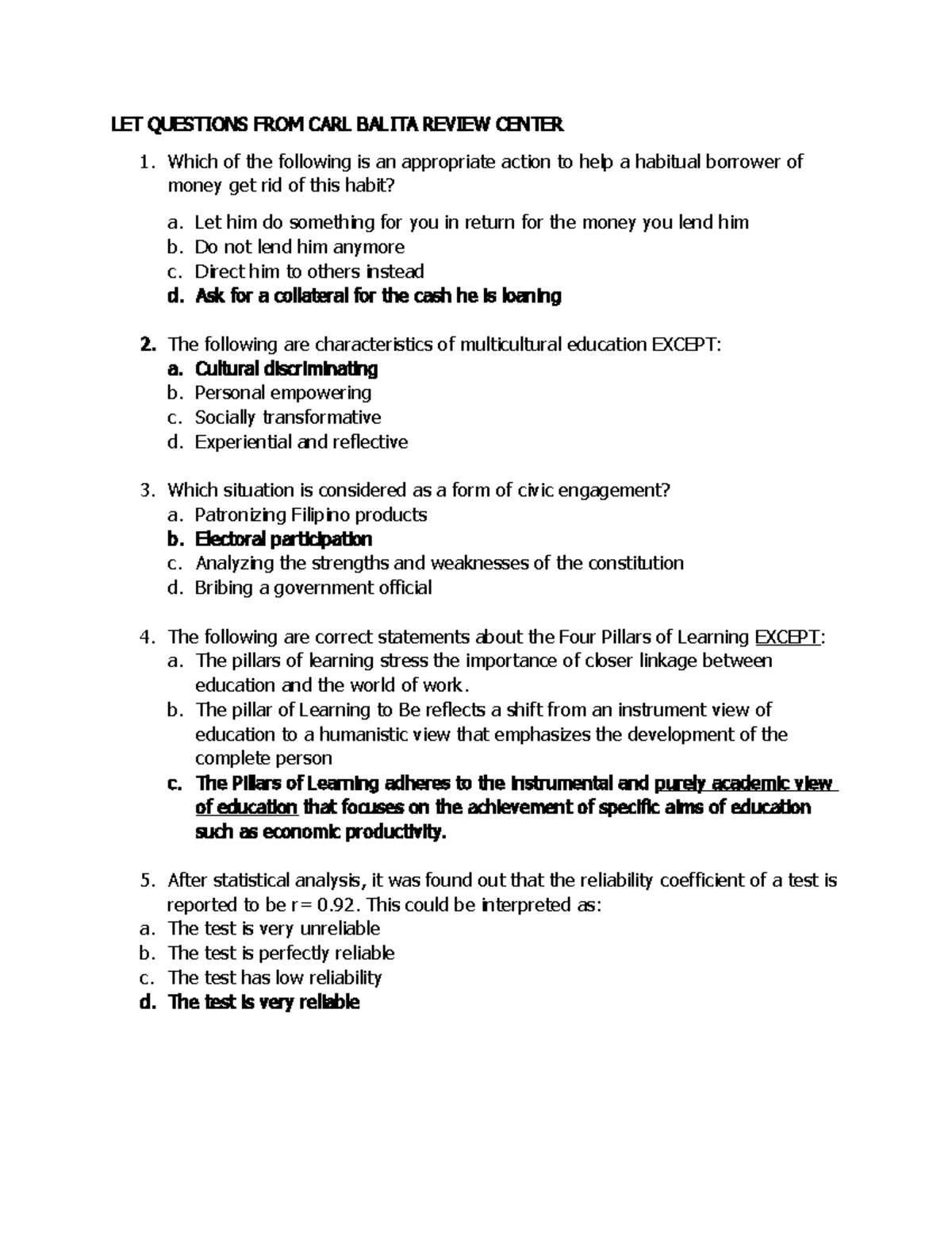 CBRC LET Review - Questions for Licensure Examinations - Studocu