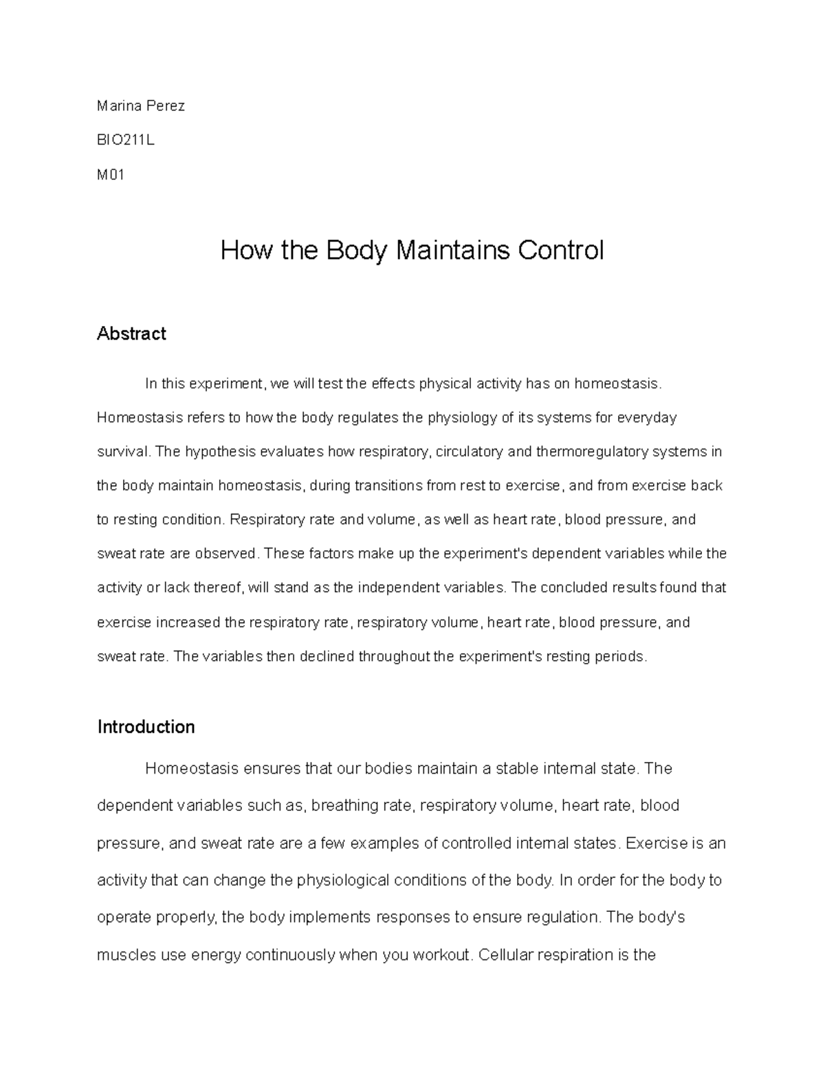 BIO211L Homeostasis Lab: Effects of Exercise on Physiological Control ...