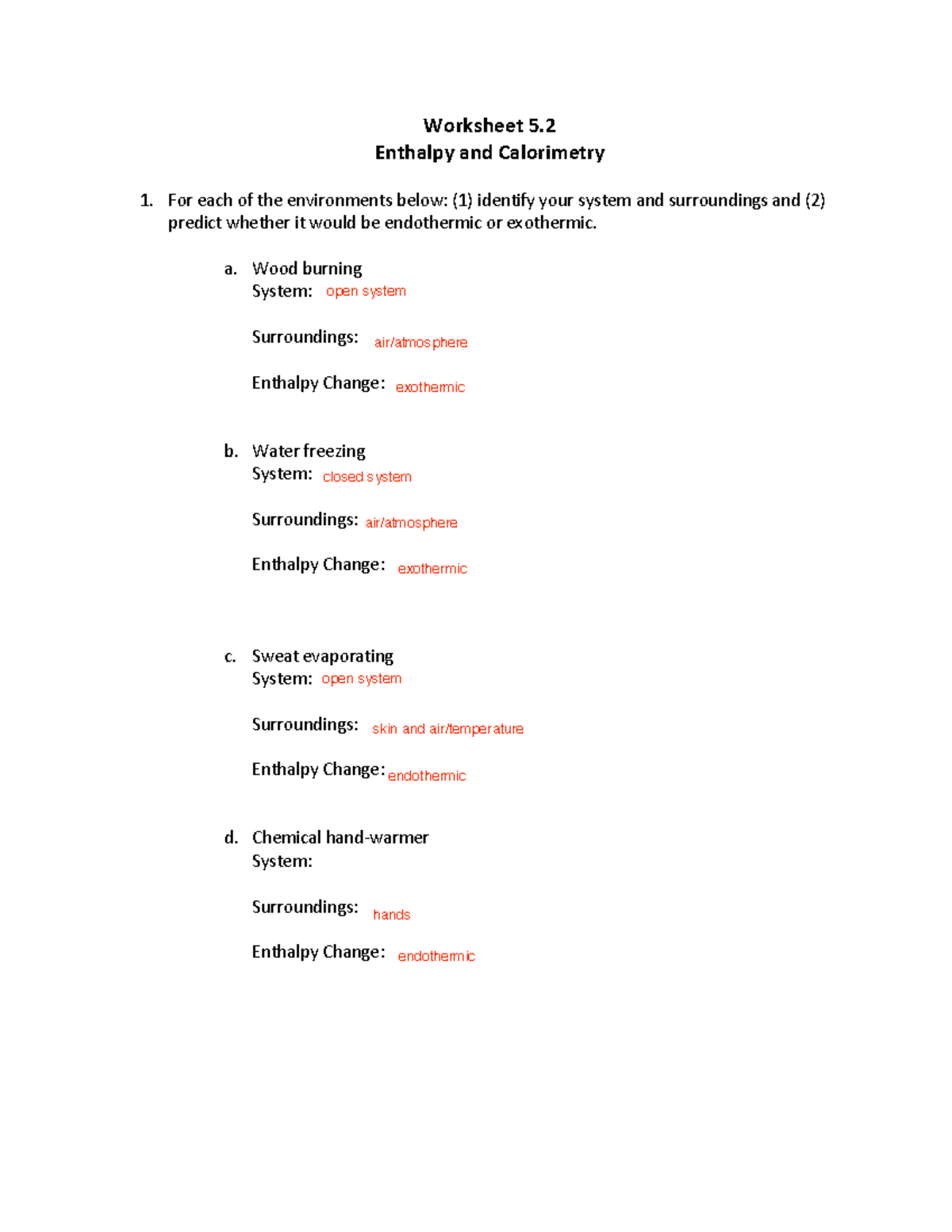 CHEM1061 CLUE Wksht 5 - worksheet 5.2 - Worksheet 5. 2 Enthalpy and ...
