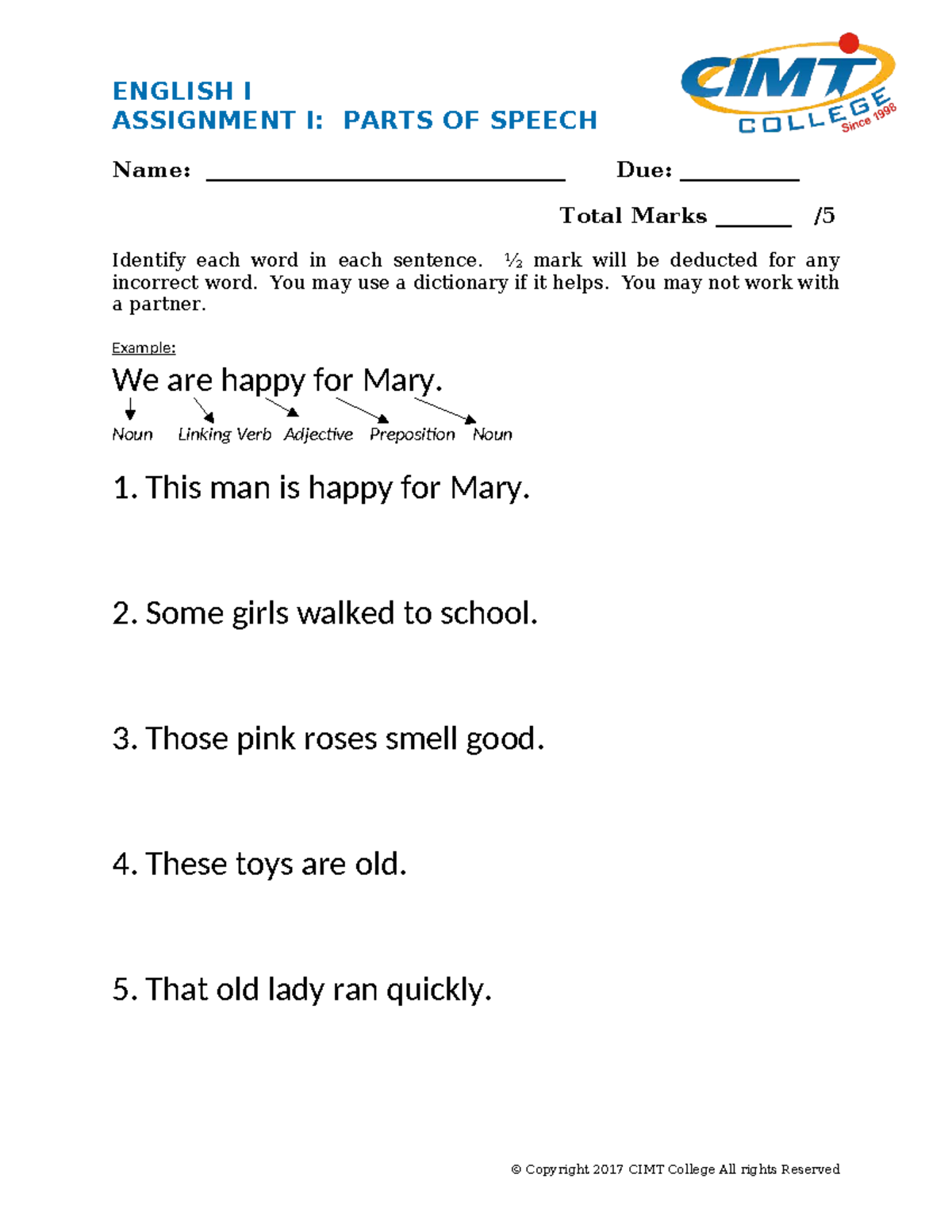 ENGLISH I ASSIGNMENT I: IDENTIFYING PARTS OF SPEECH - Studocu
