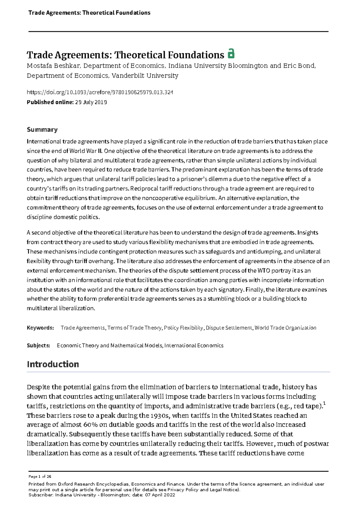 Trade Agreements: Theoretical Foundations (Econ 2019) - Studocu