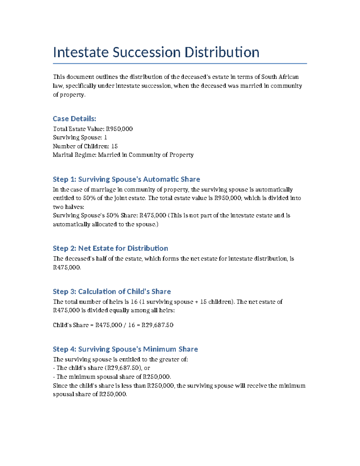 Intestate Succession Distribution: Spouse & Children (SA Law) - Studocu
