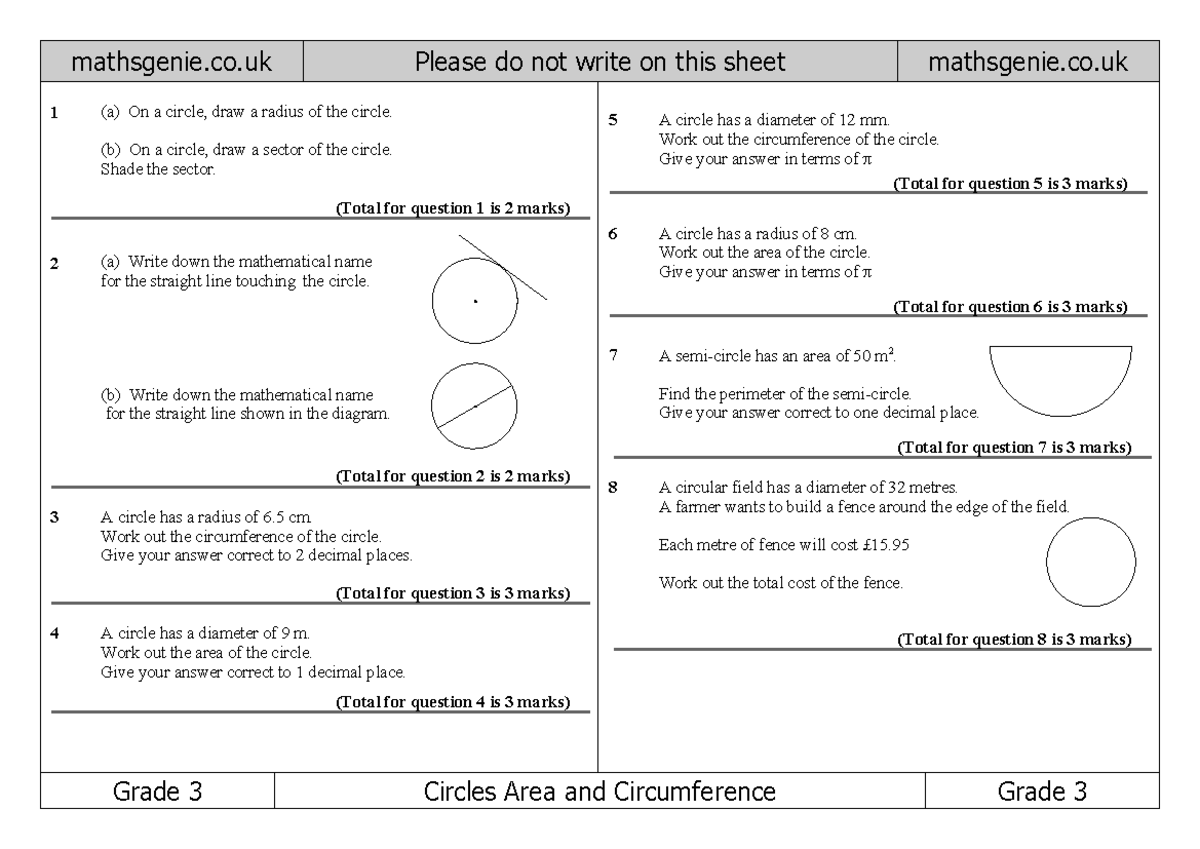 3 circles area and circumference ws - mathsgenie.co Grade 3 Circles ...