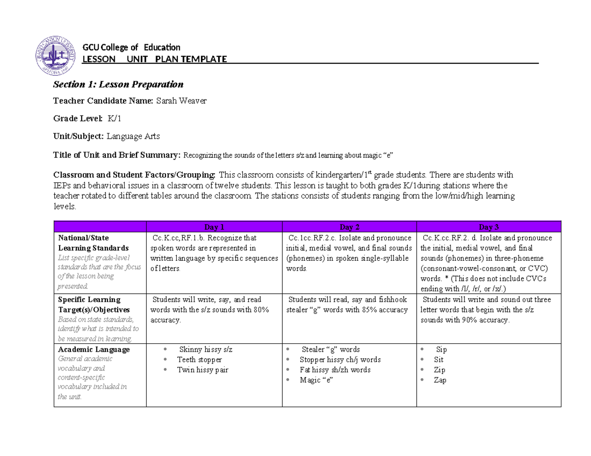 ELA-3-day unit plan template-2 (1)-final - Section 1: Lesson ...