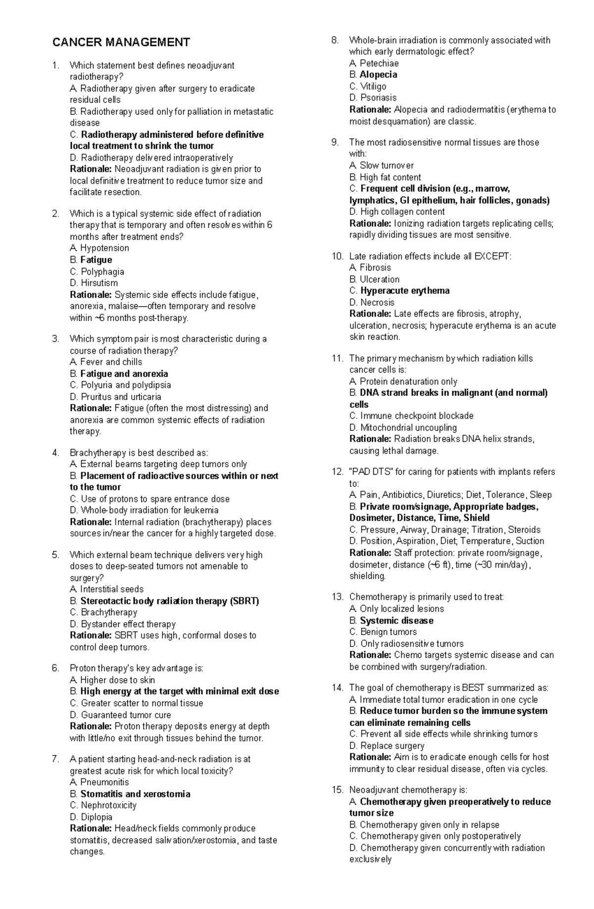 Cancer Management Quiz: Key Concepts and Questions - Studocu