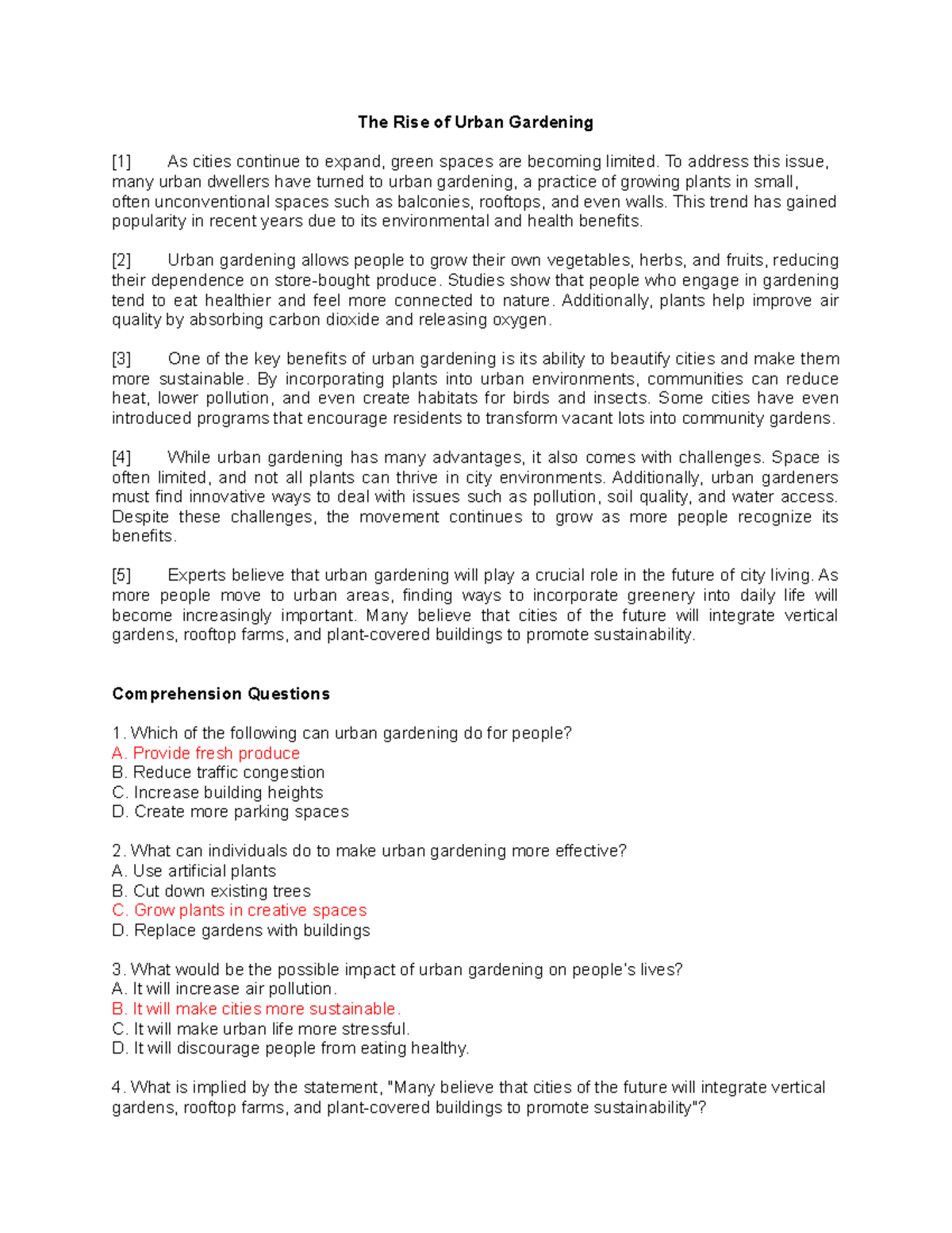 February 7 - Urban Gardening Reading Comprehension Test - Studocu