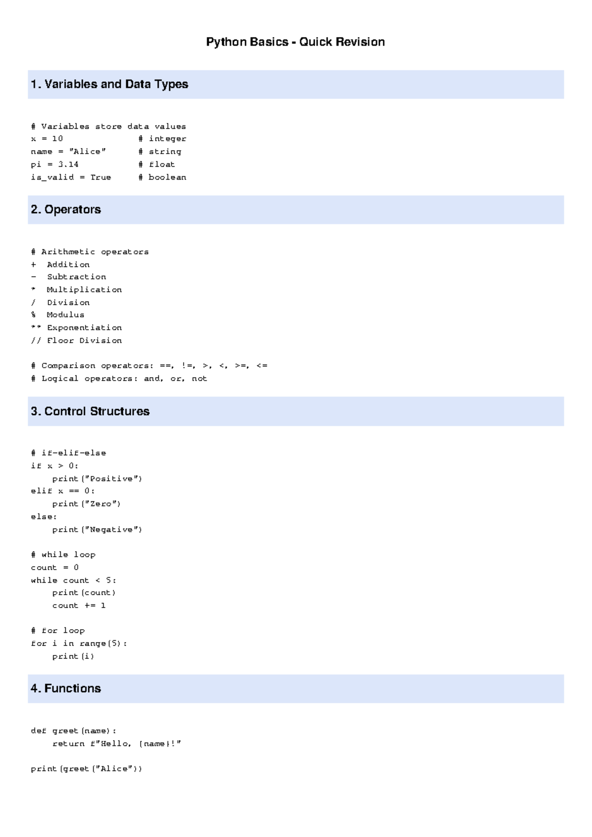 Python Basics Quick Revision: Key Concepts and Data Types - Studocu
