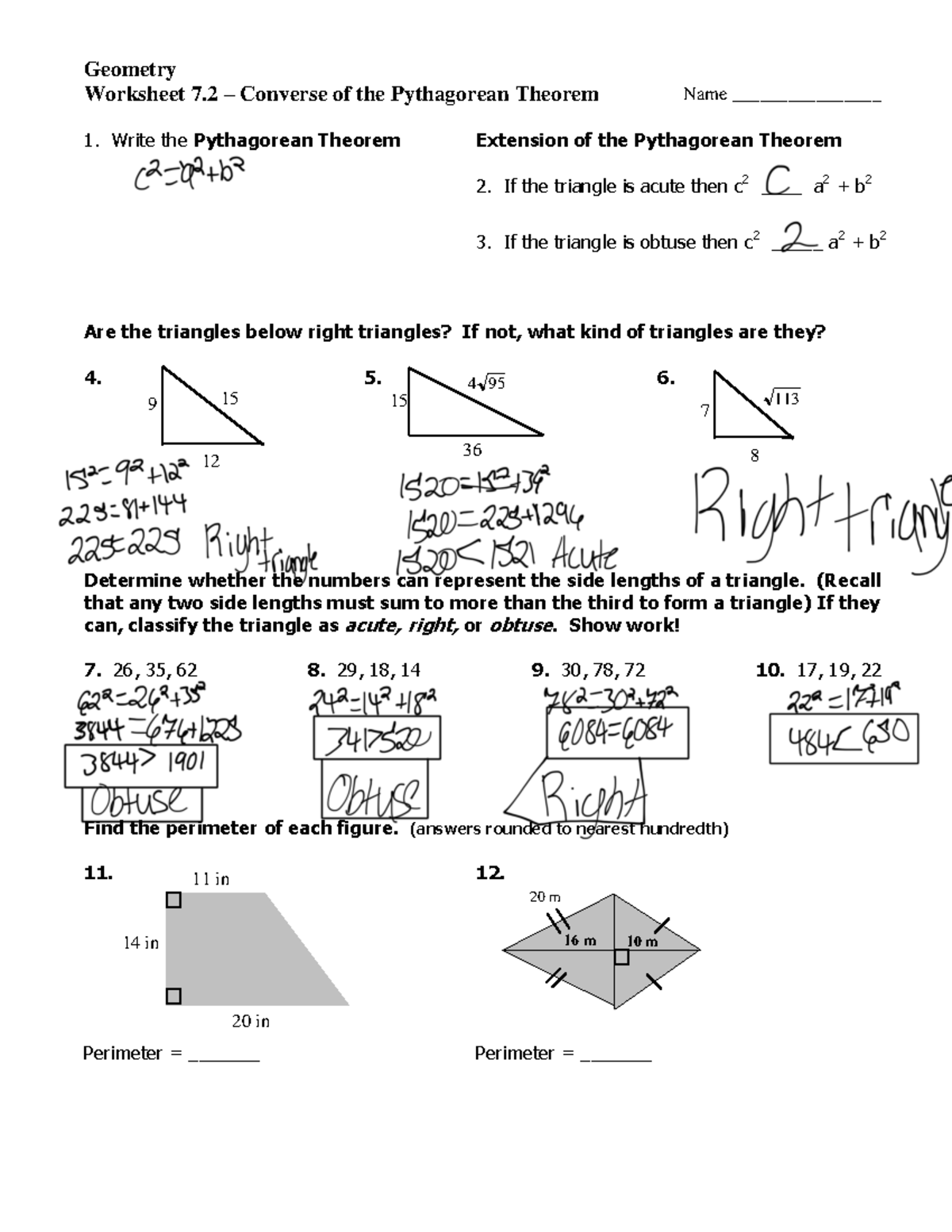 Pythagorean Theorem 3 - Nothing - Geometry Worksheet 7 – Converse of ...
