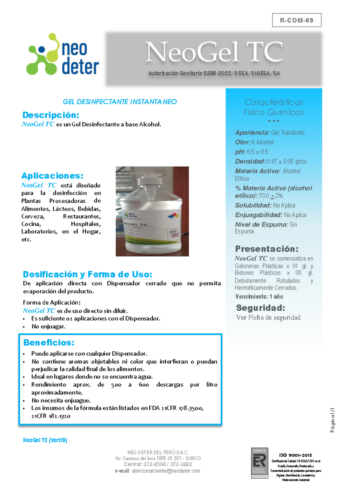 Ficha Técnica de Gel Desinfectante NeoGel TC (ver.09) - Usos y ...