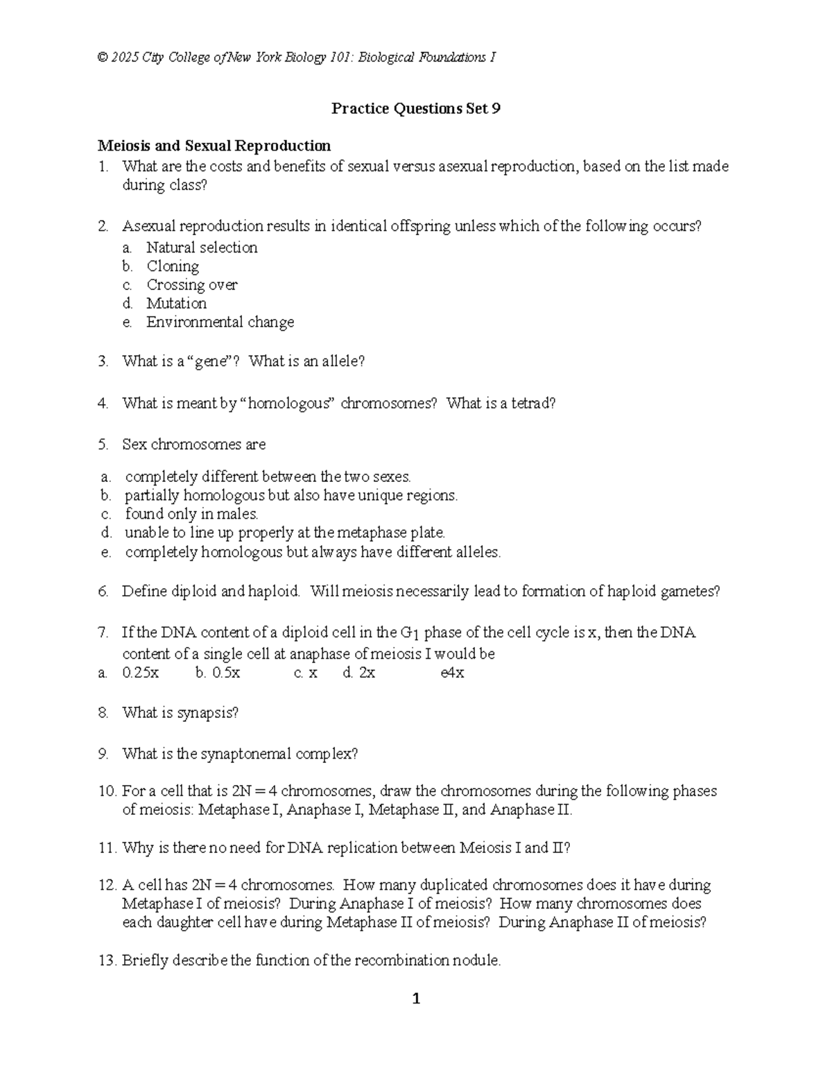 Biology 101 Final Exam: Meiosis & Genetic Variation Practice Qs Set 9 ...