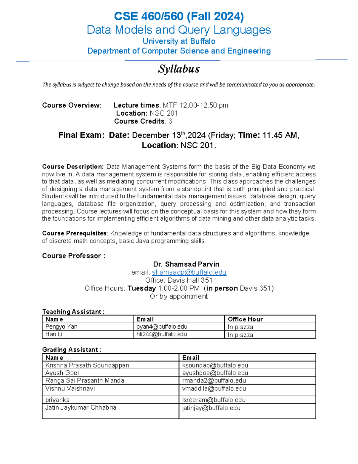 CSE 460/560 Fall 2024 Syllabus: Data Models & Query Languages - Studocu
