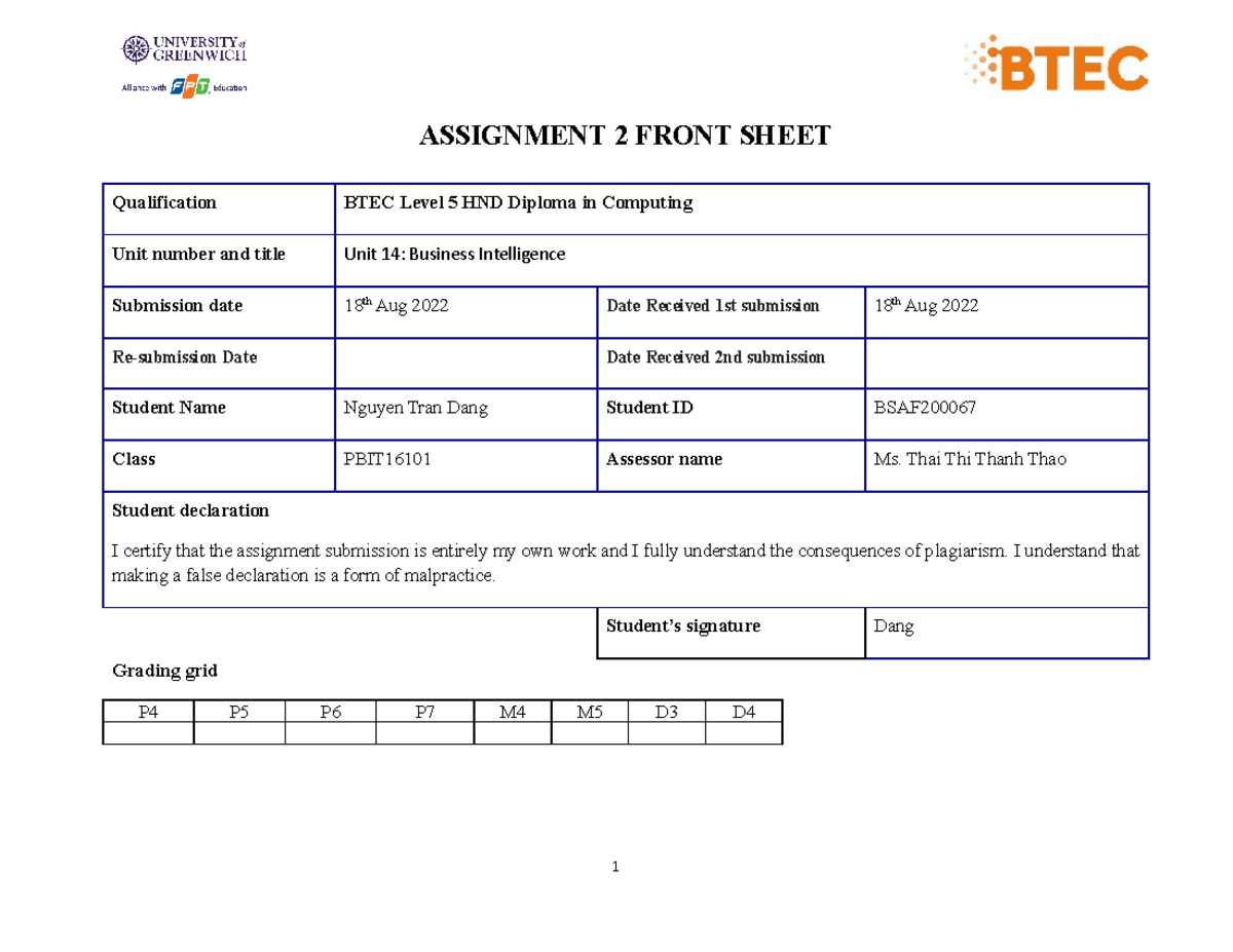 ASM2 DSA Nguyen Tran Dang - ASSIGNMENT 2 FRONT SHEET Qualification BTEC Level 5 HND Diploma in ...