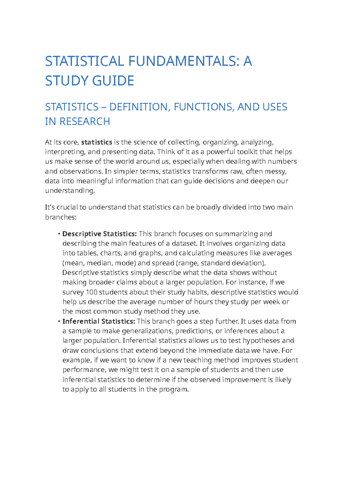 Statistics Study Notes: Fundamentals, Functions, and Research ...