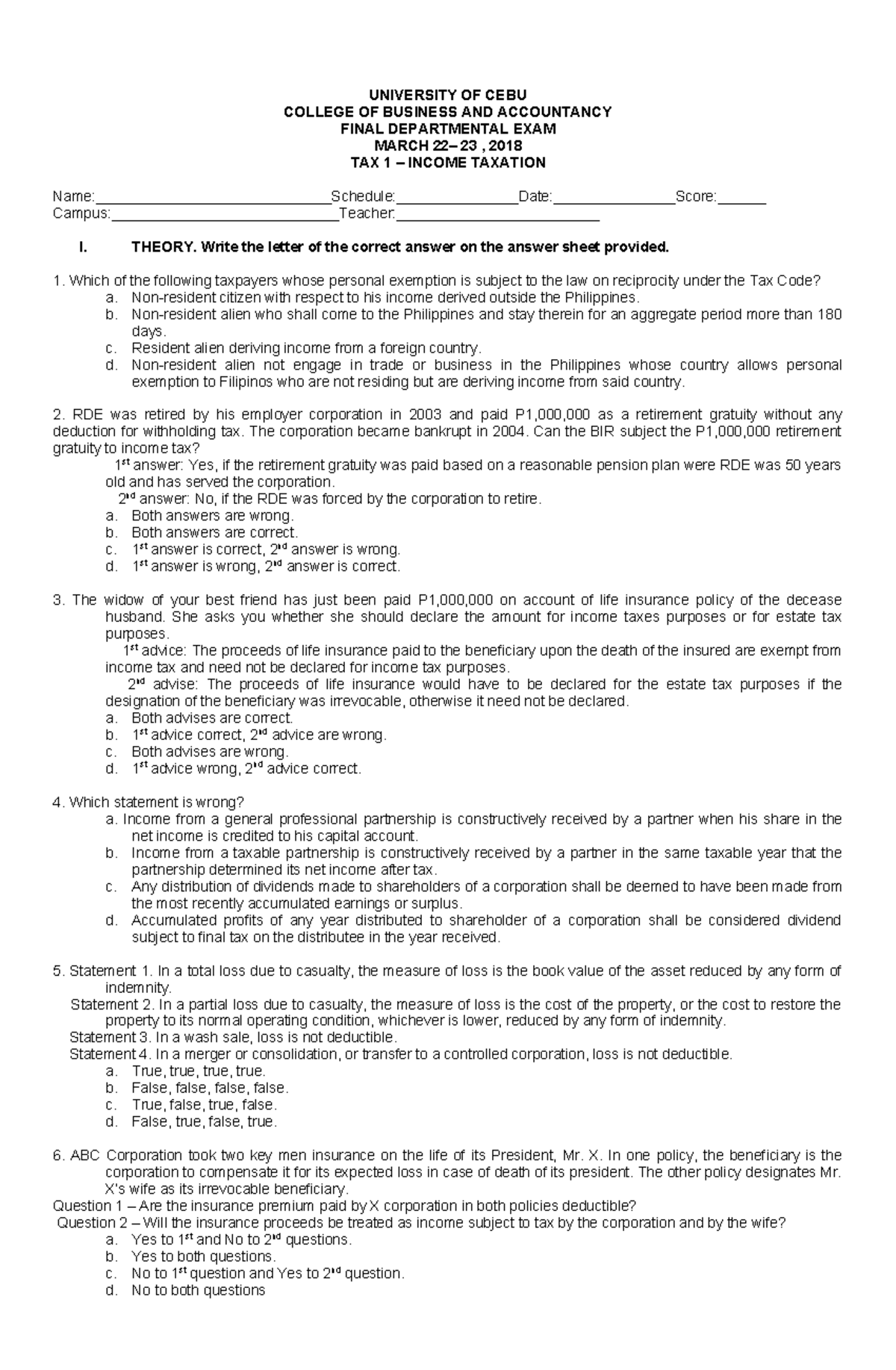 TAX 1 FINAL DEPARTMENTAL EXAM MARCH 23, 2018 - INCOME TAXATION I - Studocu