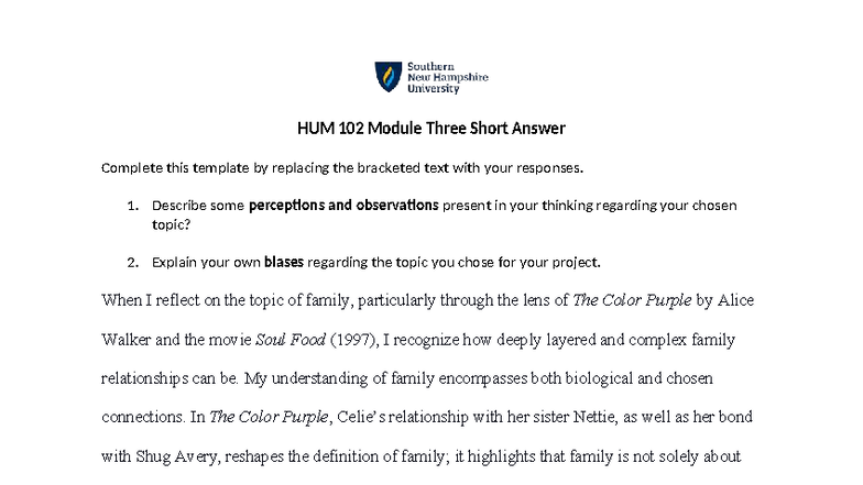 HUM 102 Module Three Short Answer: Family Perspectives & Biases - Studocu