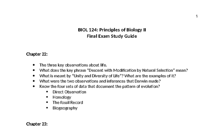 BIOL 124: Final Exam Study Guide for Principles of Biology II - Studocu