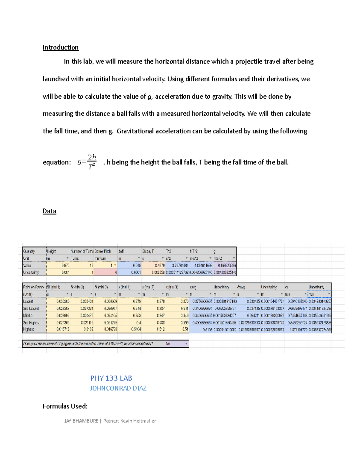 PHY 133 Projectile Motion Lab 3: Measuring Gravitational Acceleration ...