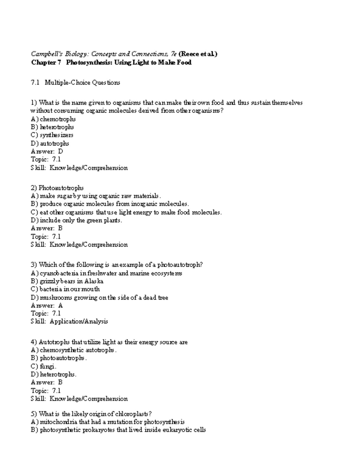 Biology 07 - Chapter 7 Study Guide: Photosynthesis Test Bank - Studocu