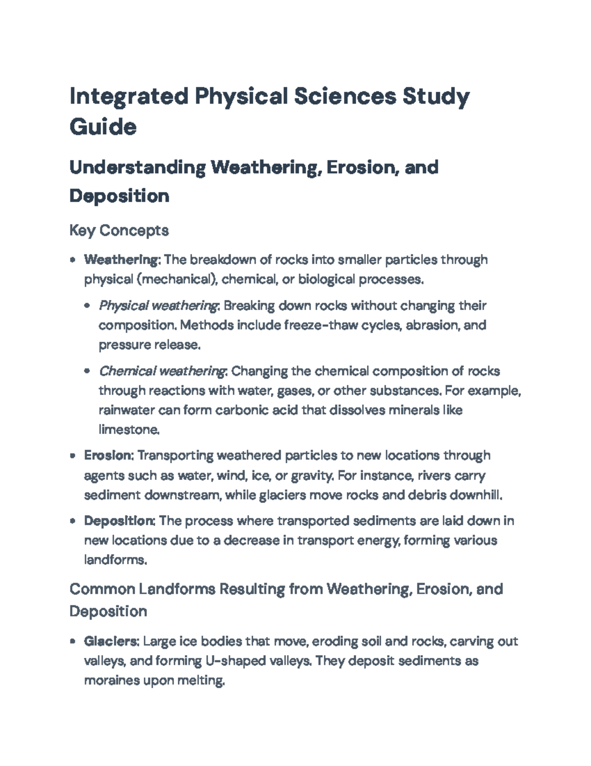 Integrated Physical Sciences Study Guide: Weathering, Erosion & Climate ...