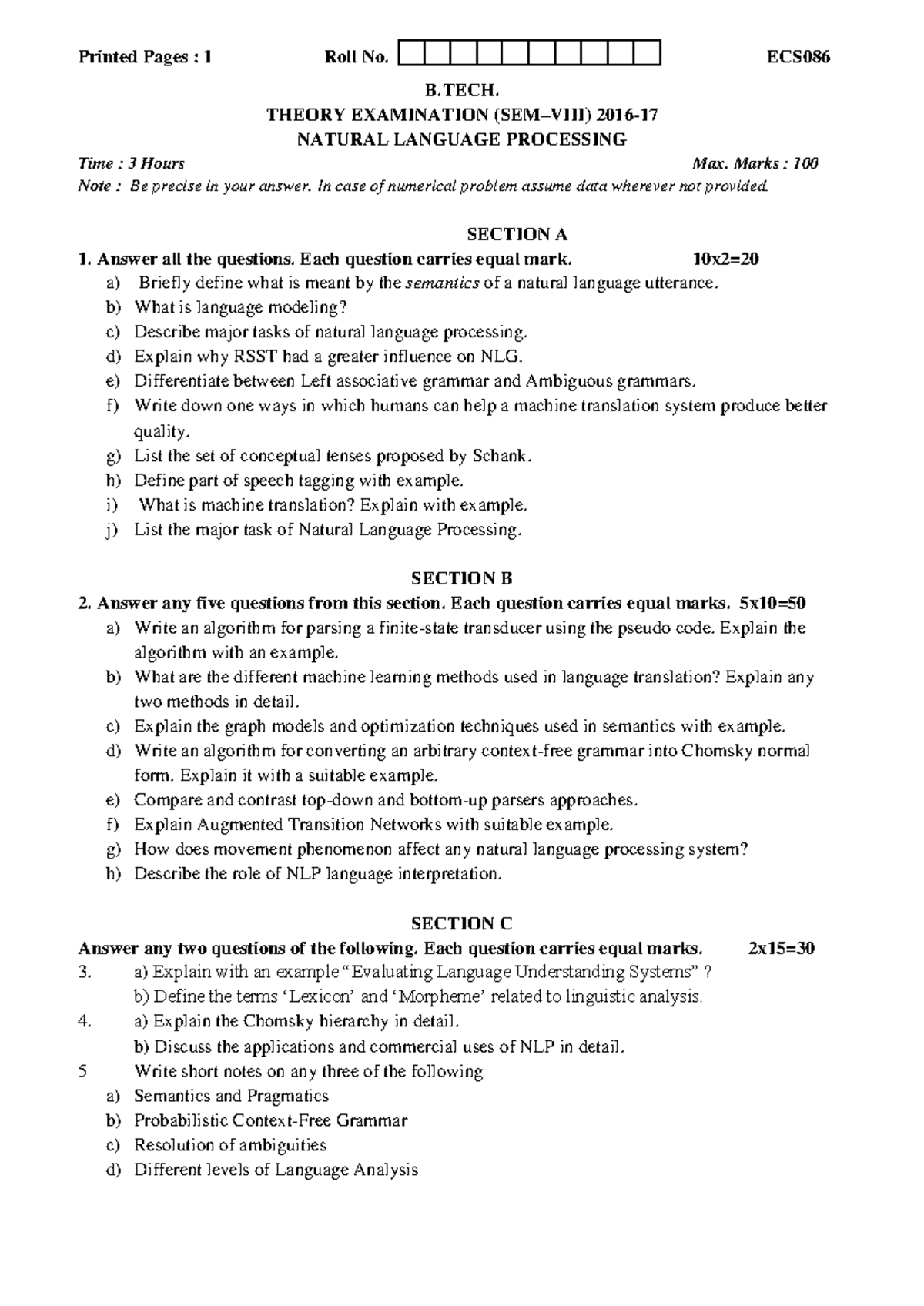2016 17 Nlp Ecs 086 Printed Pages 1 Roll No Ecs B Theory Examination Semviii 2016