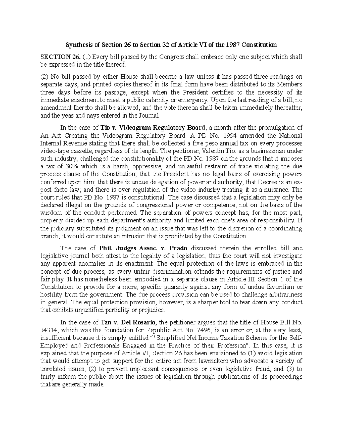 Synthesis of Section 26 to Section 32 of Article VI of the 1987 ...