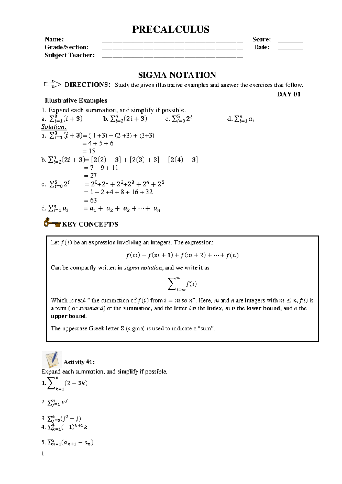 Precalculus (MATH101) Sigma Notation Lecture Notes - Week 9 - Studocu