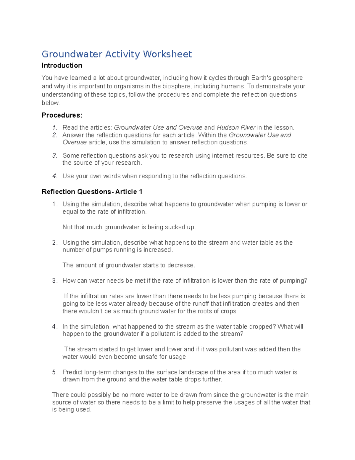 Groundwater Activity Worksheet: Reflection & Simulation Qns Insights ...