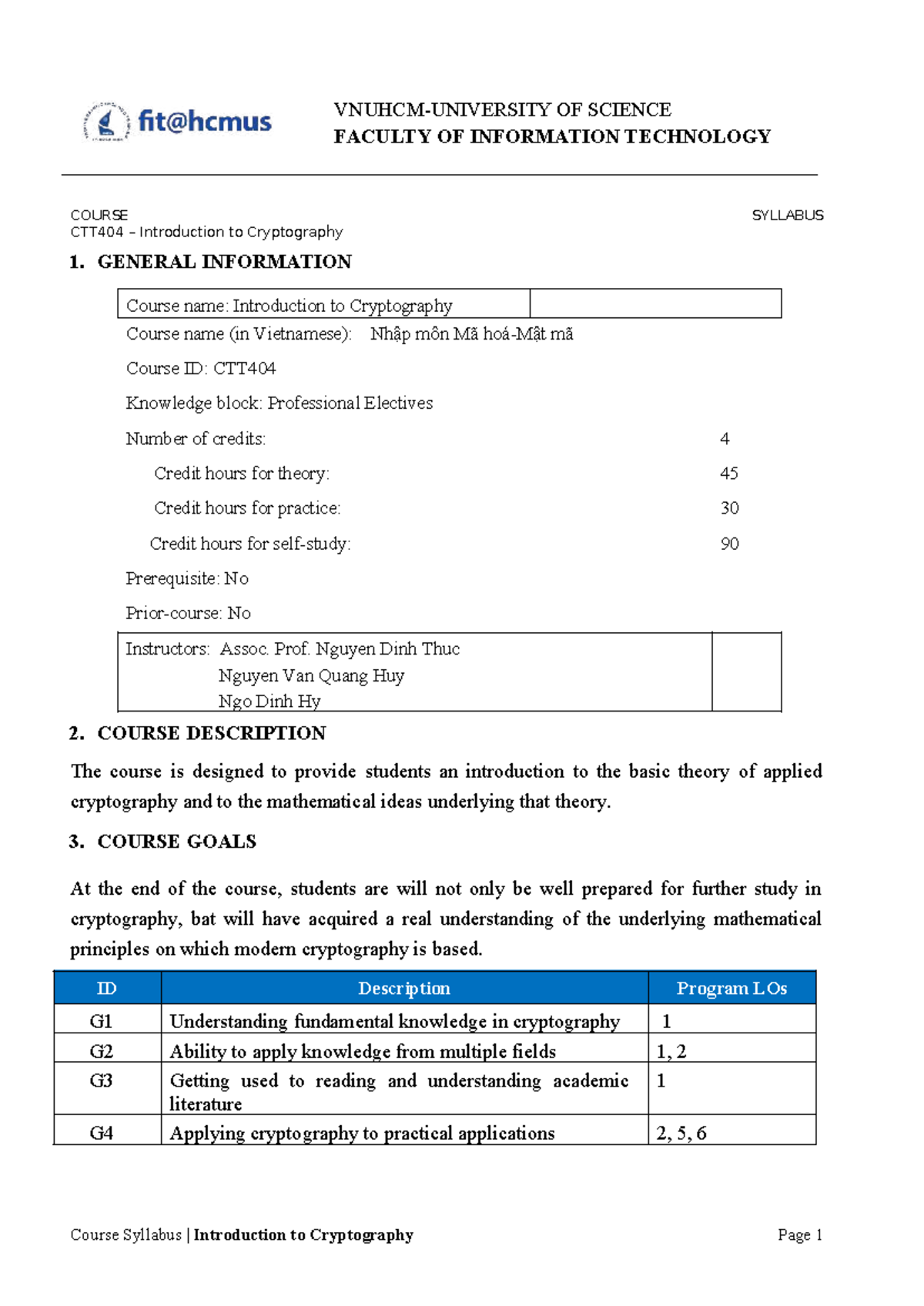 CTT404 Introduction to Cryptography Course Syllabus 2019 - Studocu