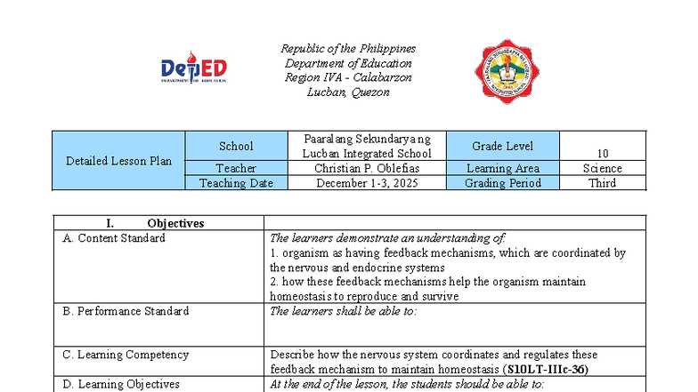 Detailed Lesson Plan on Nervous System for Grade 10 Science (10 Science ...