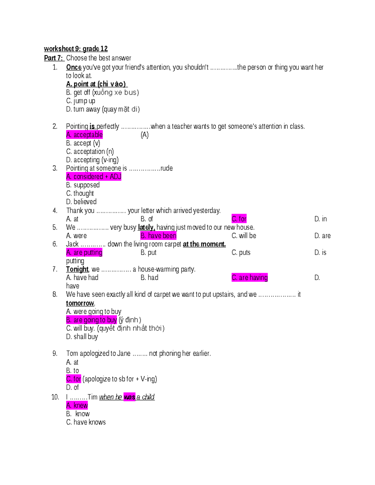 Worksheet 9 (Keys): Grade 12 English Language Exercises and Answers ...