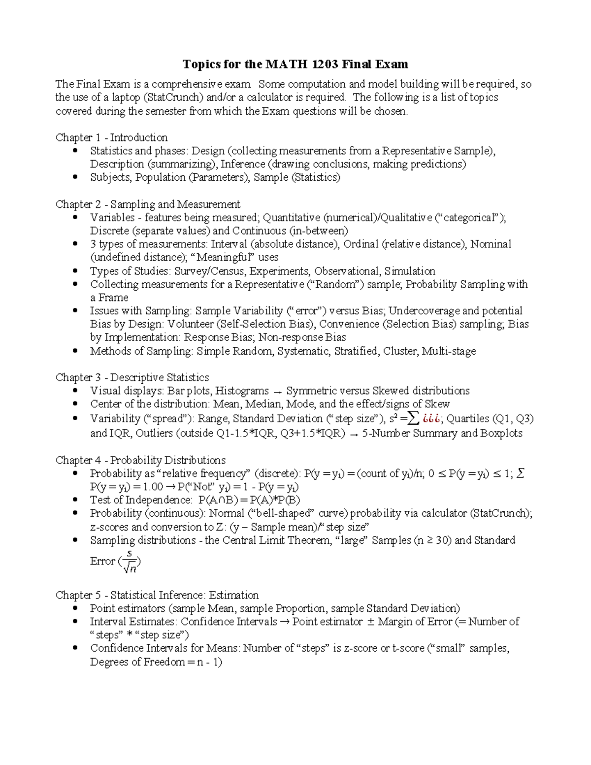 MATH 1203 Final Exam Topics Overview and Key Concepts - Studocu