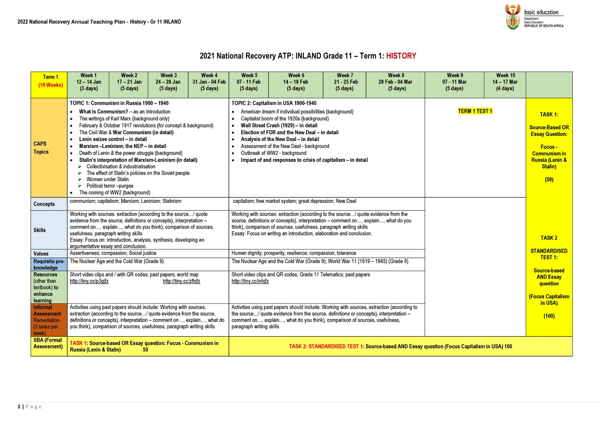2025 National Recovery ATP & POA: History Gr 11 Teaching Plan - Studocu