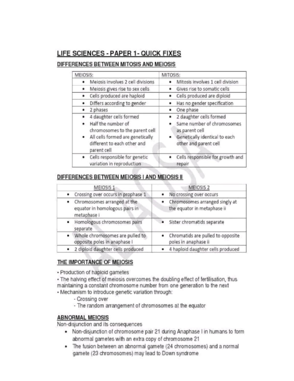 LIFE SCIENCES PAPER 1: Key Processes in Mitosis, Meiosis, and ...