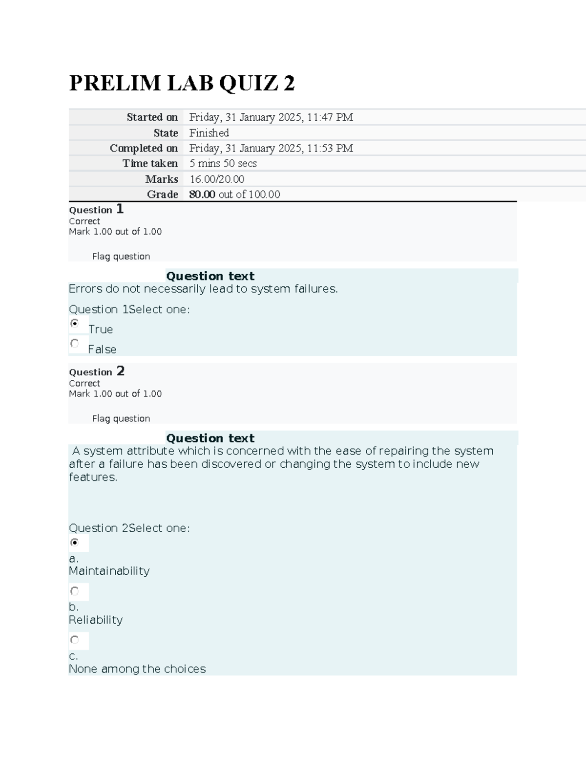 Prelim LAB QUIZ 2 Software Engineering 2 - PRELIM LAB QUIZ 2 Started on Friday, 31 January 2025 ...