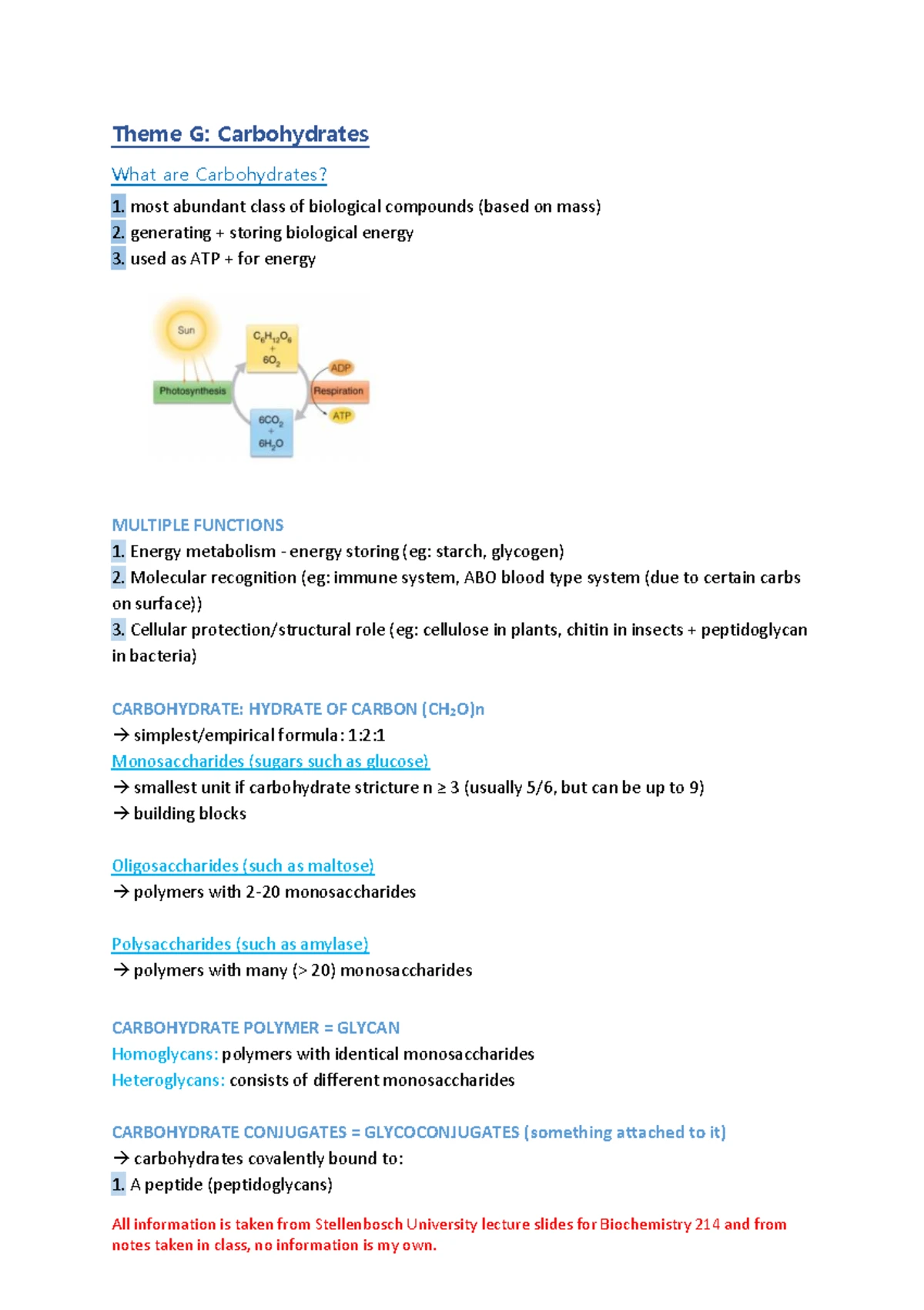 Biochemistry 214 Theme G: Carbohydrates Lecture Series Overview - Studocu