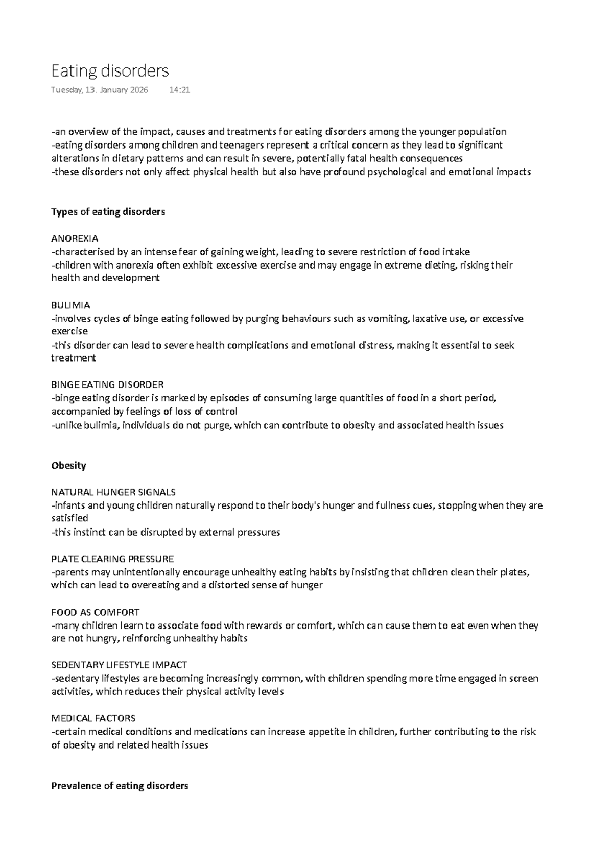 Eating Disorders Overview - Lecture Notes (ED 101) - Studocu