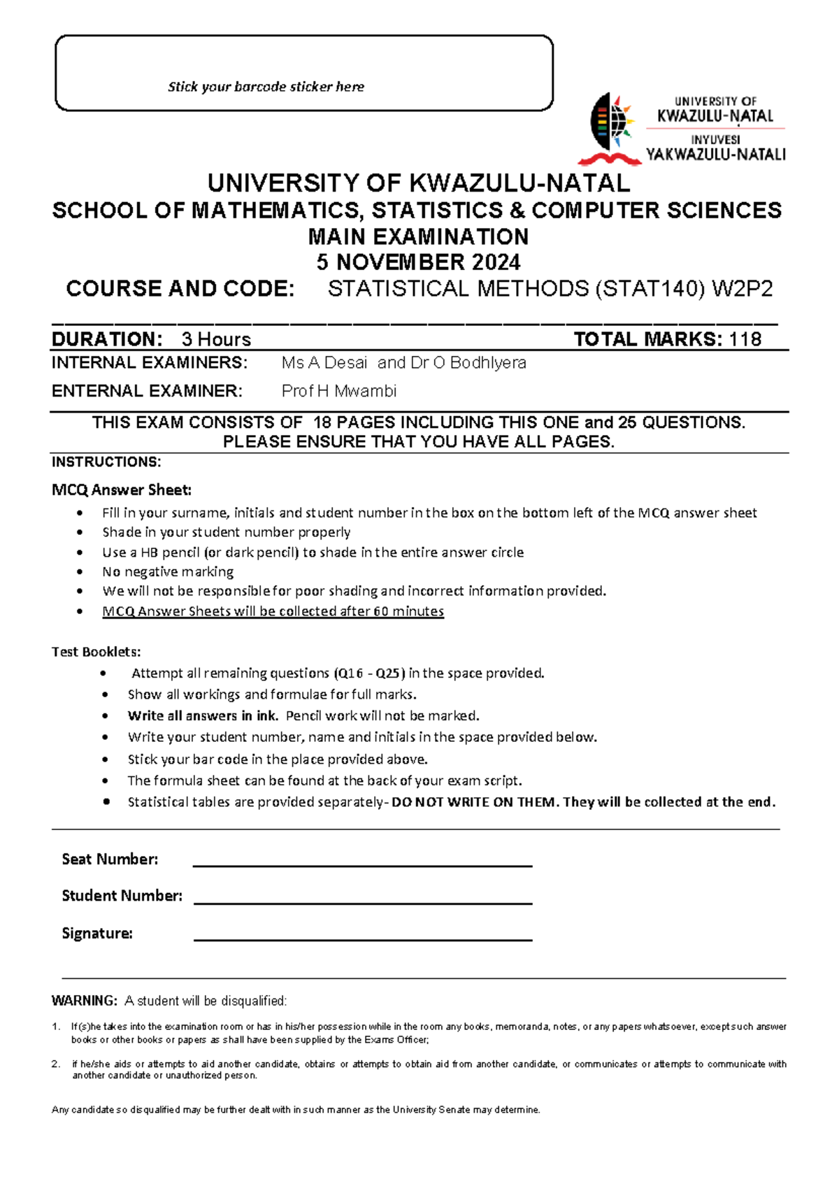 STAT140 Main Examination: Statistical Methods - November 2024 - Studocu