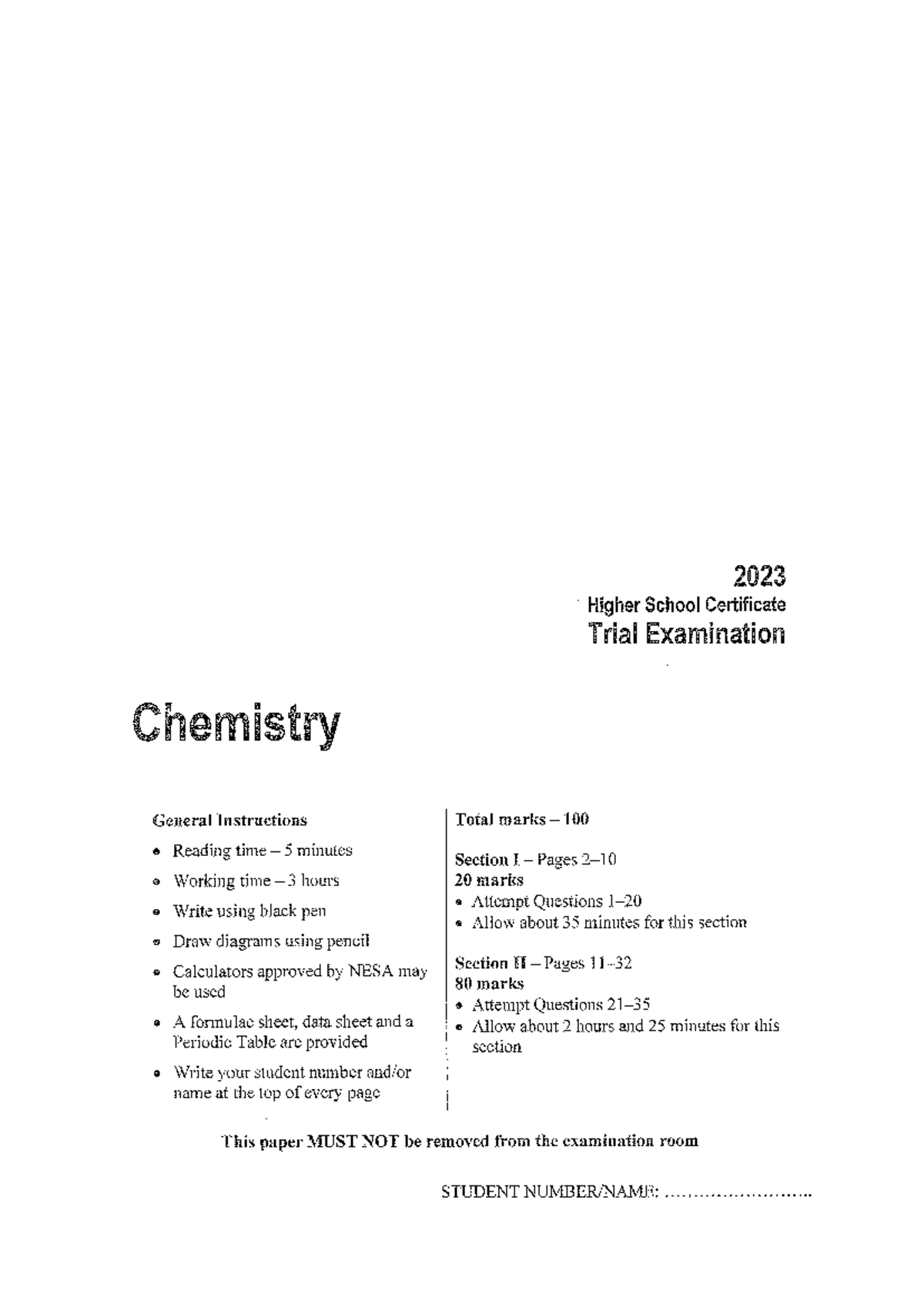 2023 HSC Chemistry Trial Exam Instructions and Questions - Studocu