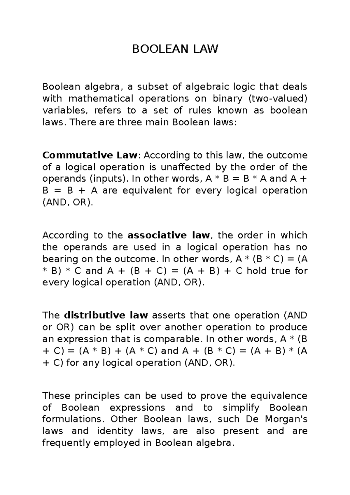 Boolean LAW - assignments - BOOLEAN LAW Boolean algebra, a subset of ...