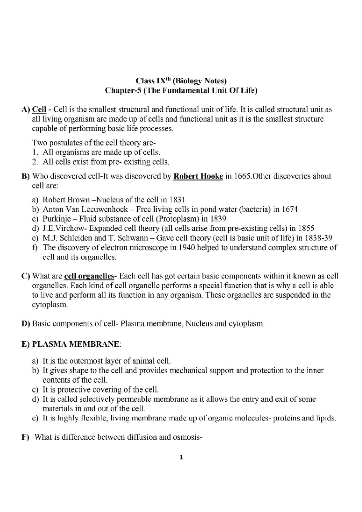 Class IX Biology Notes: The Fundamental Unit of Life (Cell) - Studocu