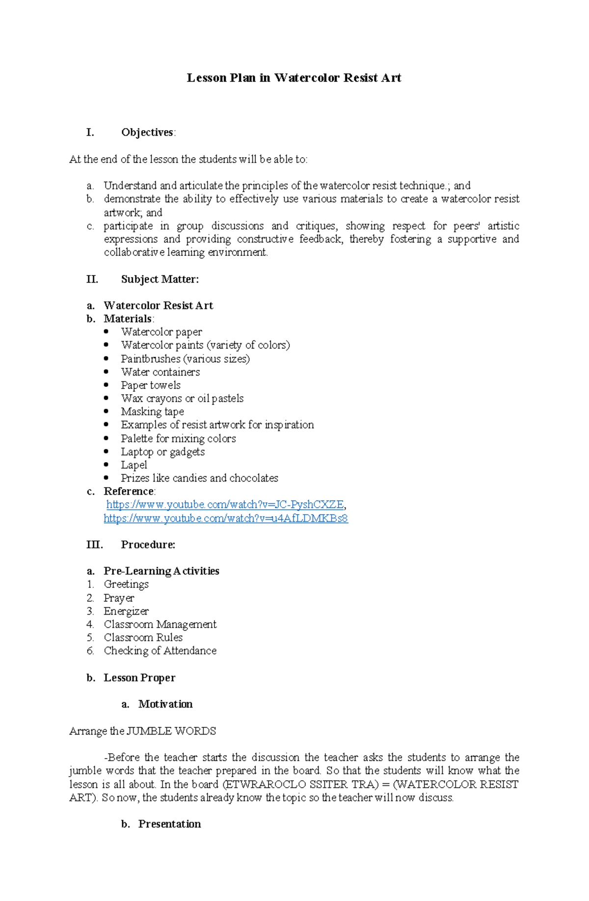 Lesson Plan: Watercolor Resist Art Techniques - ARTS DOC 6 - Studocu