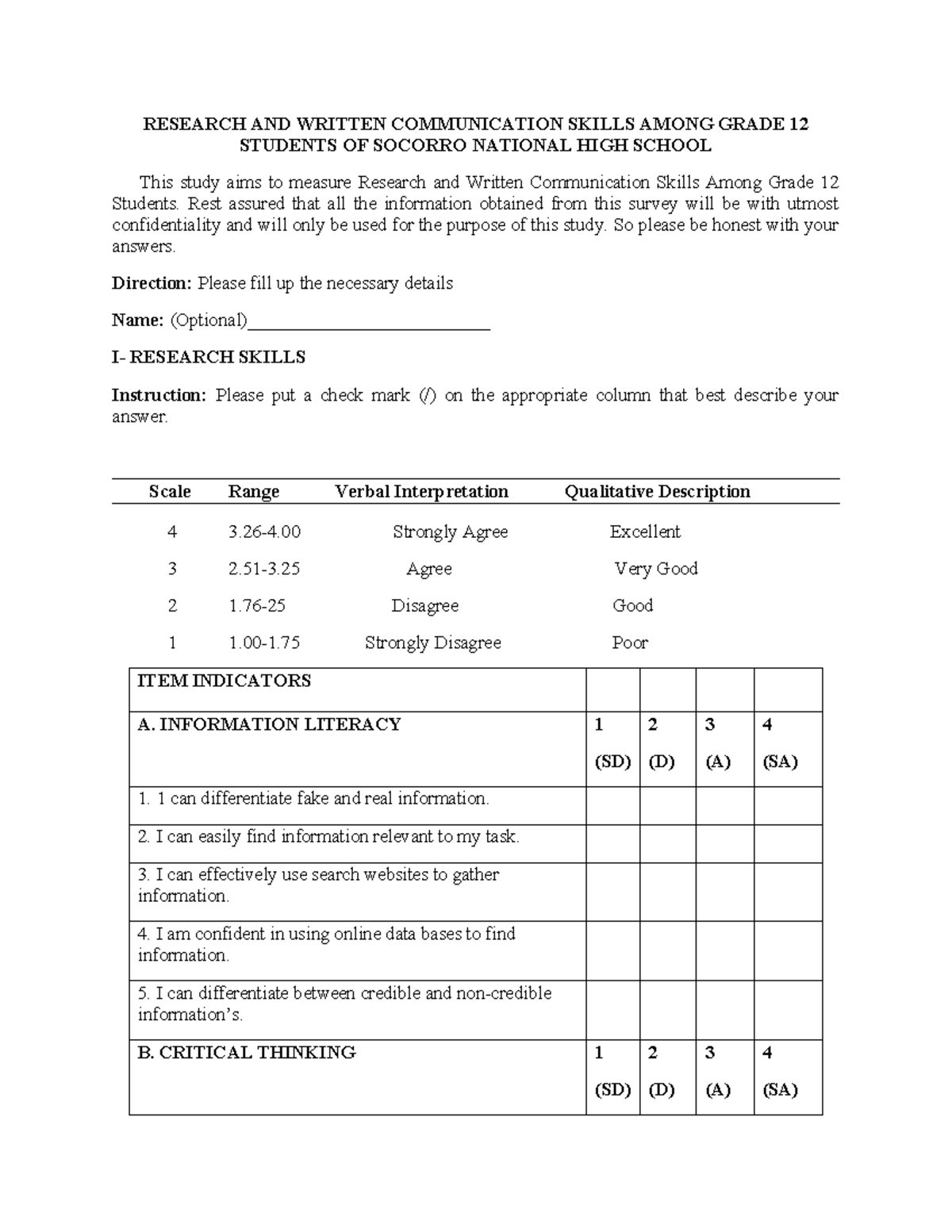 Questionnaires FOR Pilot Testing - RESEARCH AND WRITTEN COMMUNICATION ...