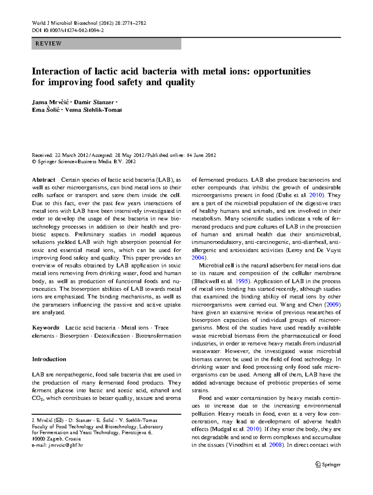 Interaction of Lactic Acid Bacteria with Metal Ions: Food Safety ...