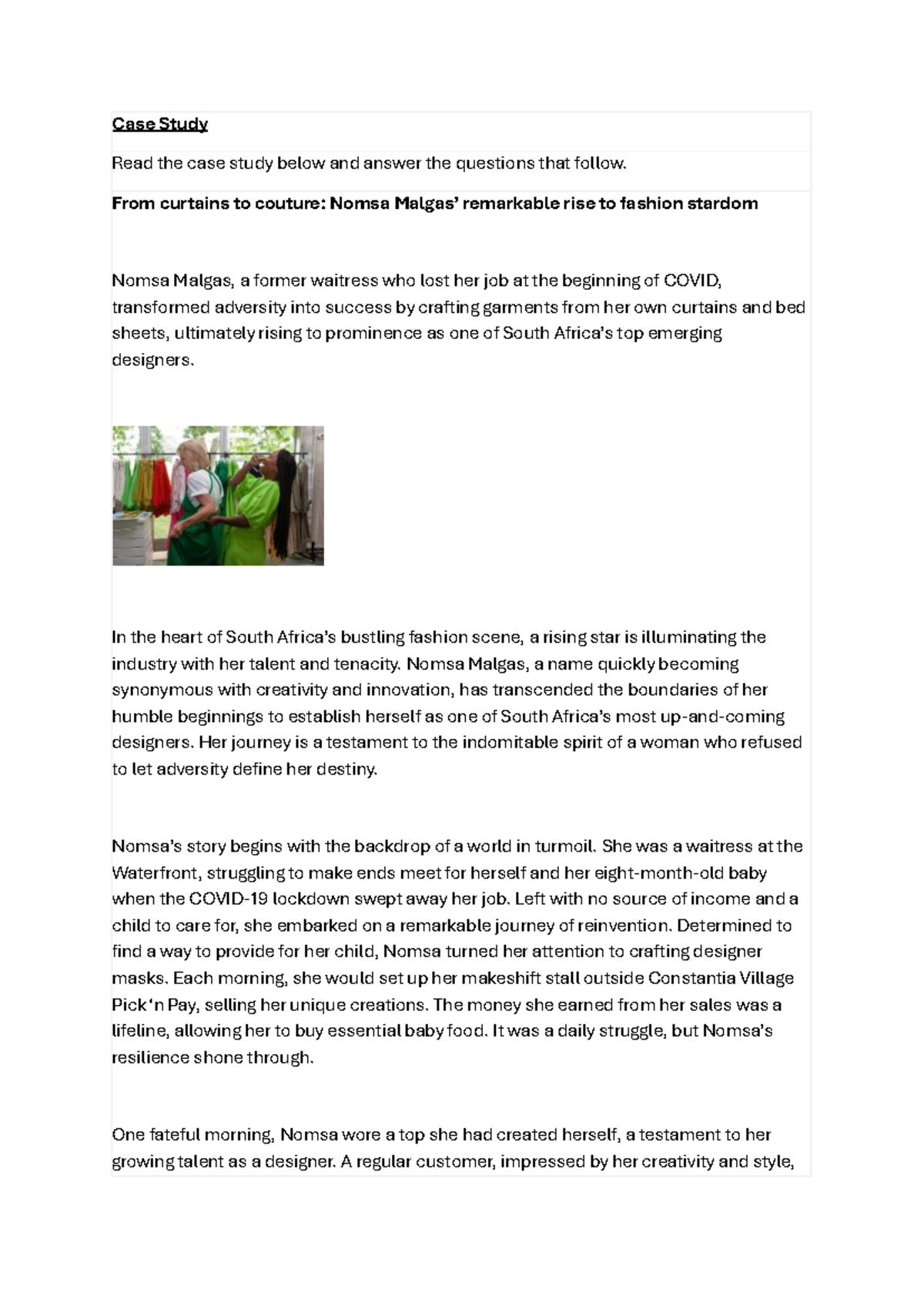 Case Study: Nomsa Malgas' Inspiring Journey in Fashion Design - Studocu