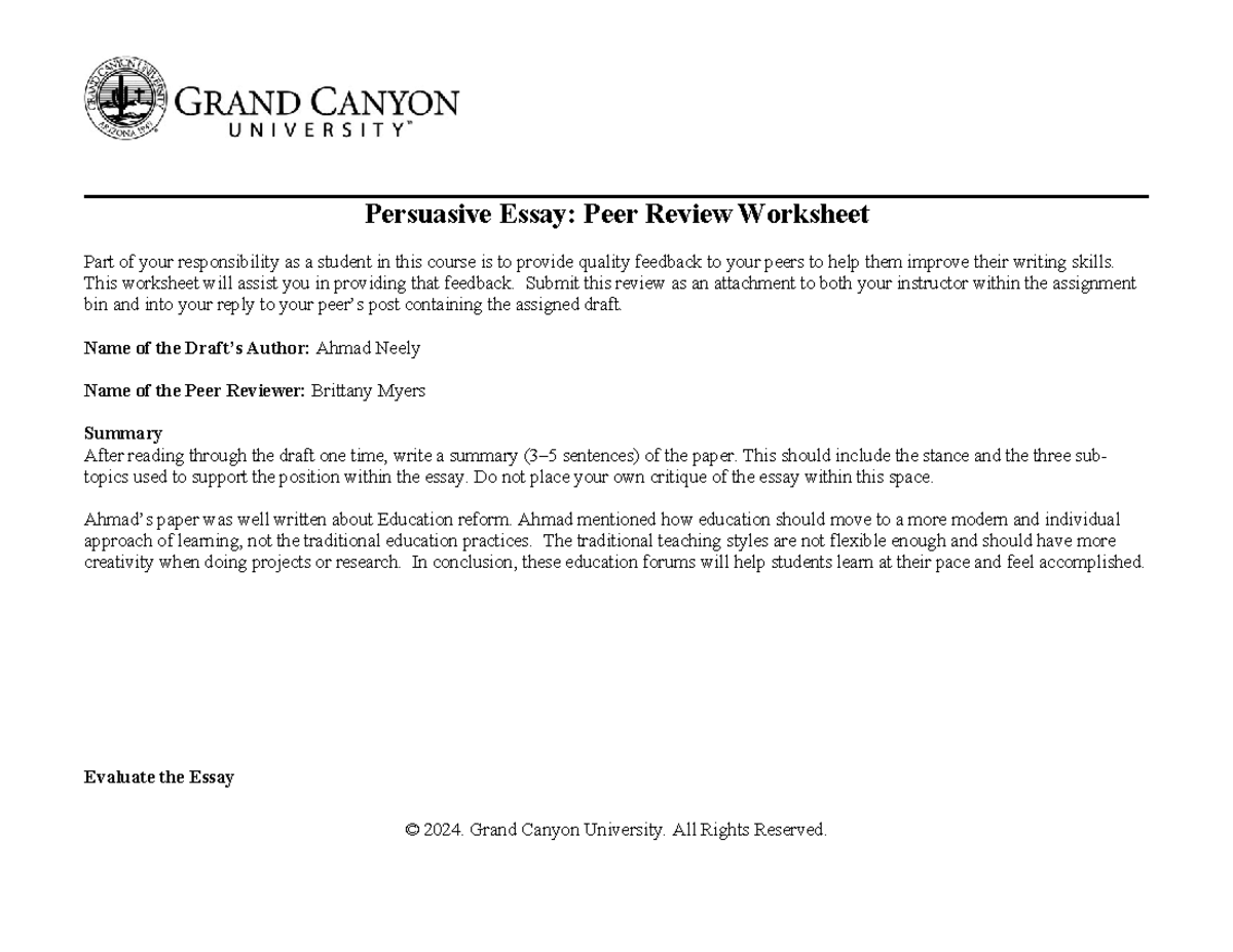 PHI-105-T-6 Persuasive Essay Peer Review Worksheet - Studocu